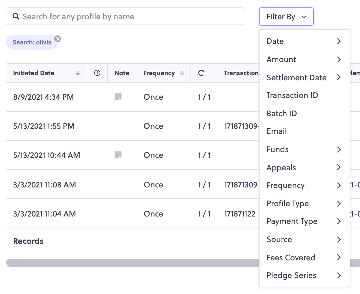 Transactions Page – Aware3